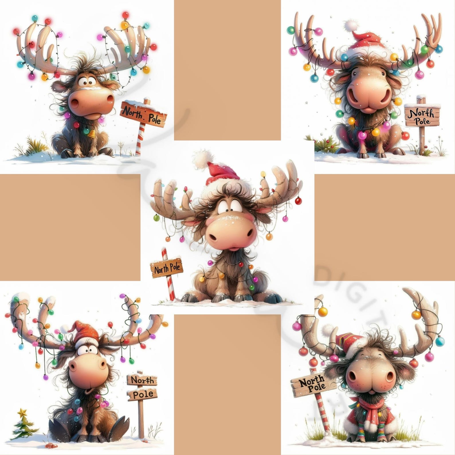 Christmas Moose Clipart, 12 Whimsical Moose Illustrations, Festive ...