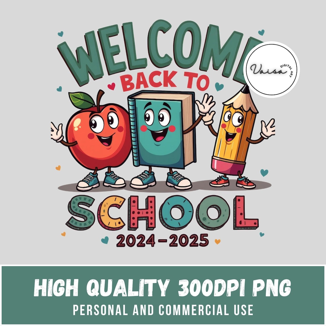 Welcome Back to School 2024-2025 Clipart, Cute Apple, Book, and Pencil ...