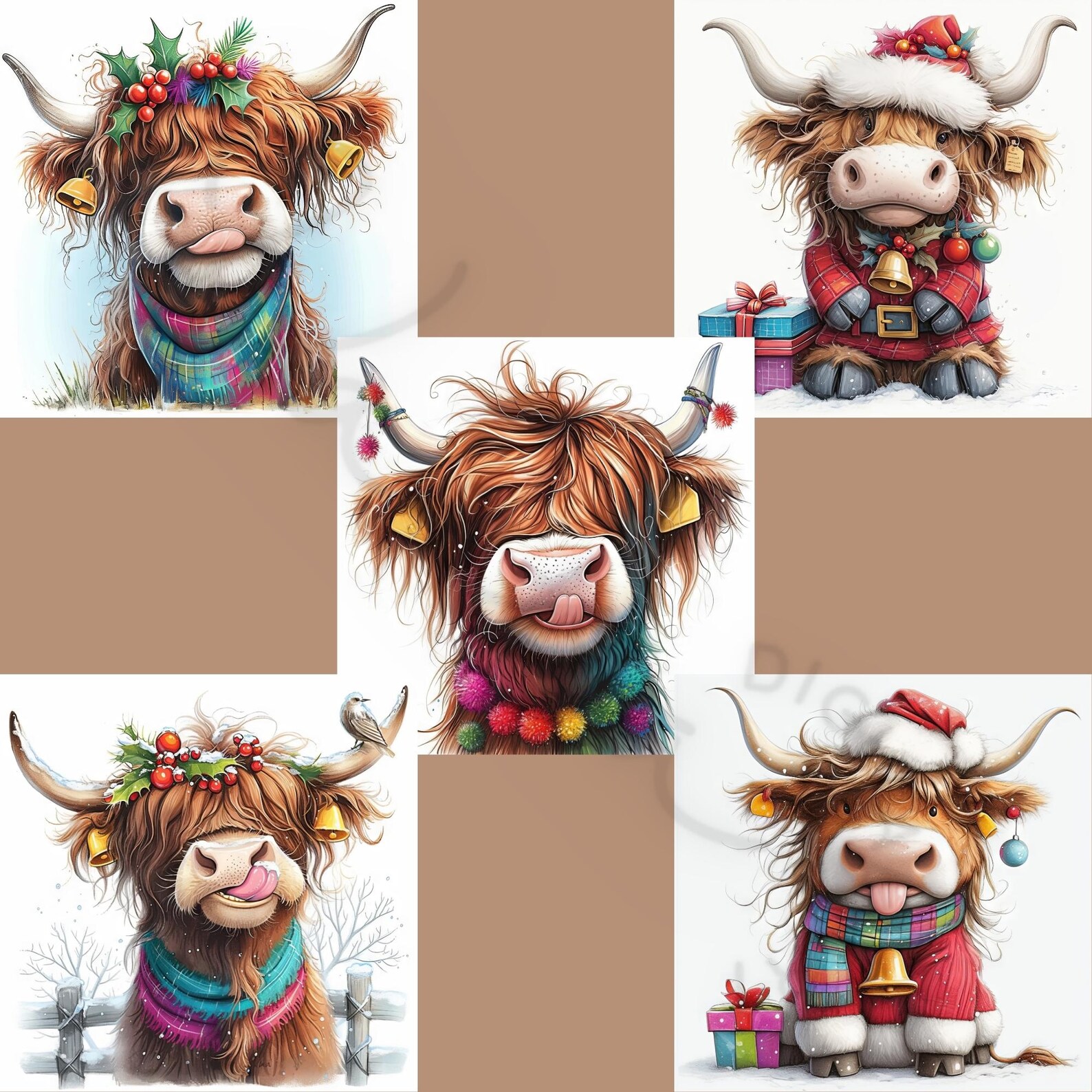 Funny Christmas Highland Cow Clipart, Quirky Farm Animal, Cute Holiday ...