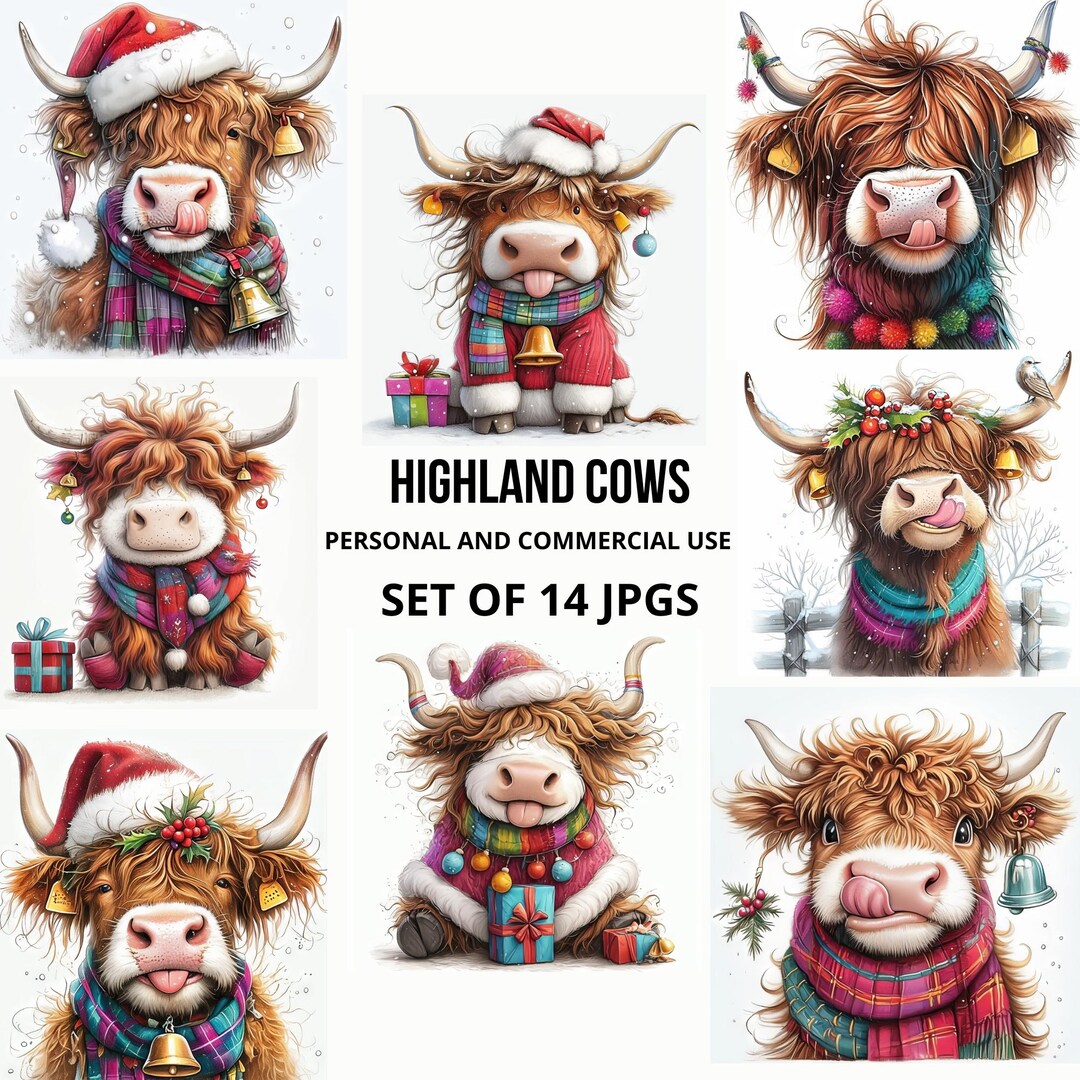 Funny Christmas Highland Cow Clipart, Quirky Farm Animal, Cute Holiday ...