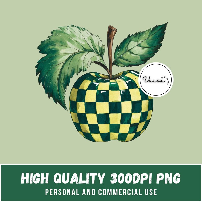 Checkerboard Green Apple Clipart Unique Fall Illustration PNG - Etsy