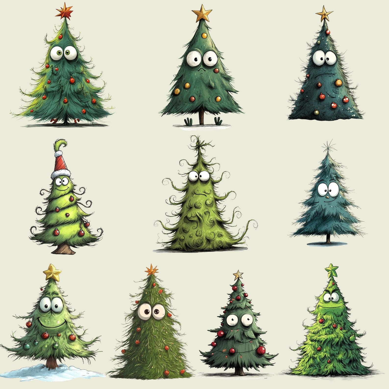 Quirky Christmas Tree Clipart, Funny Clipart, Whimsical Christmas Trees ...