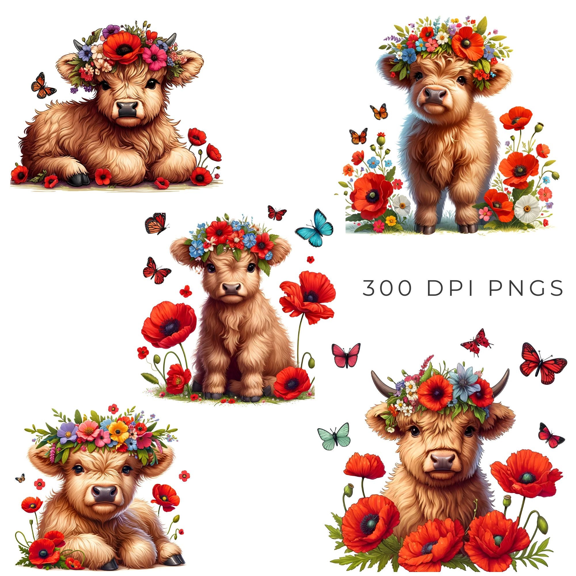 Highland Cows and Poppies Clipart, Highland Cow Png, Floral Cow, Baby ...