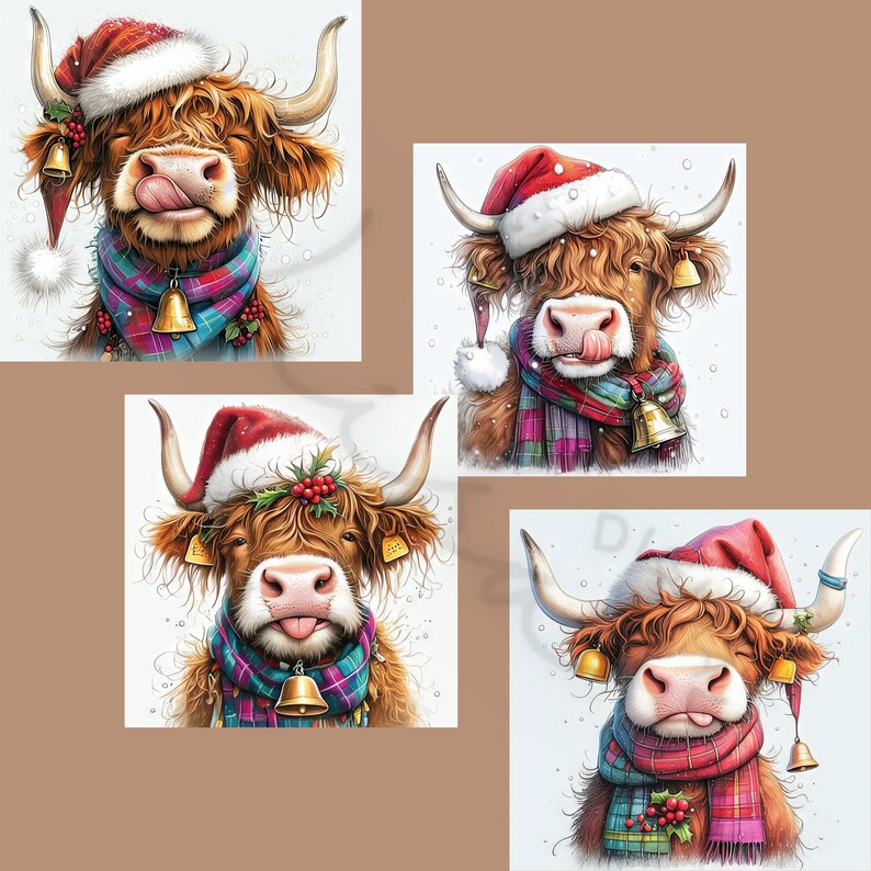 Funny Christmas Highland Cow Clipart, Quirky Farm Animal, Cute Holiday ...