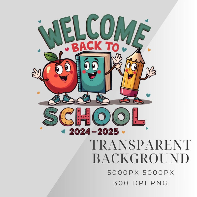 Welcome Back to School 2024-2025 Clipart, Cute Apple, Book, and Pencil ...