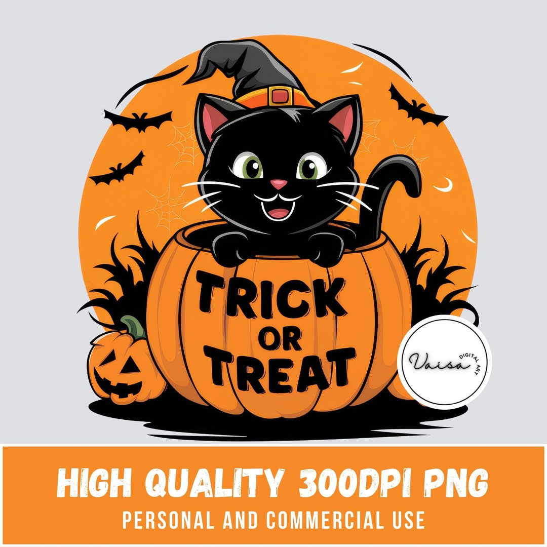 Trick or Treat Black Cat Clipart ,cute Halloween Illustration, Black ...