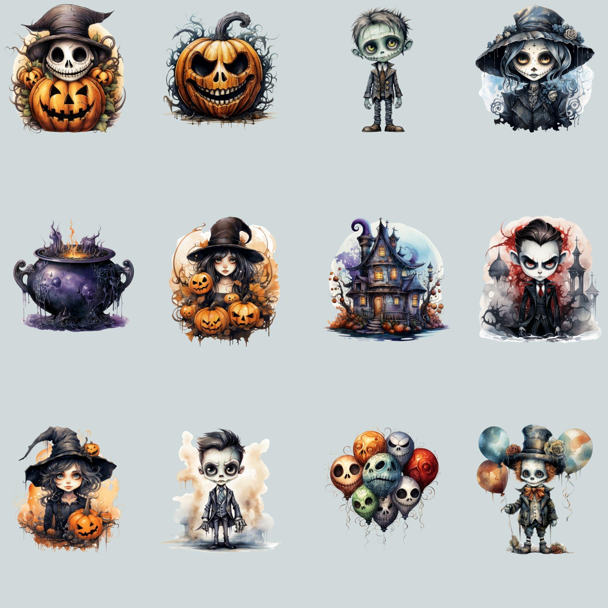 Halloween Characters Clipart Pack, Spooky Cute Designs, PNG, Digital ...