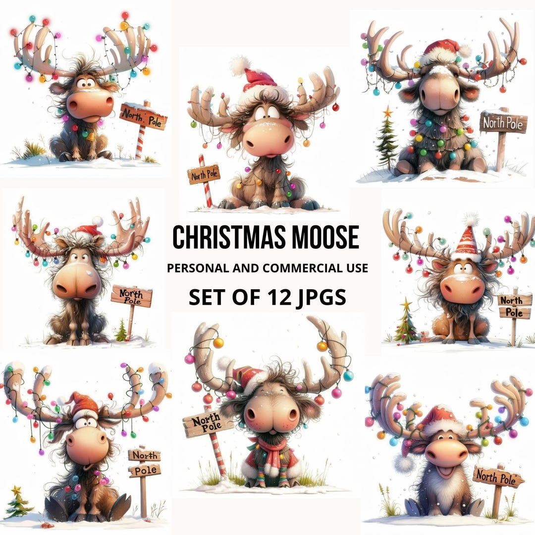 Christmas Moose Clipart, 12 Whimsical Moose Illustrations, Festive ...