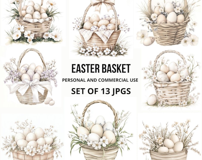 Easter Basket Clipart Bundle, Rustic Spring Illustrations, Wicker ...
