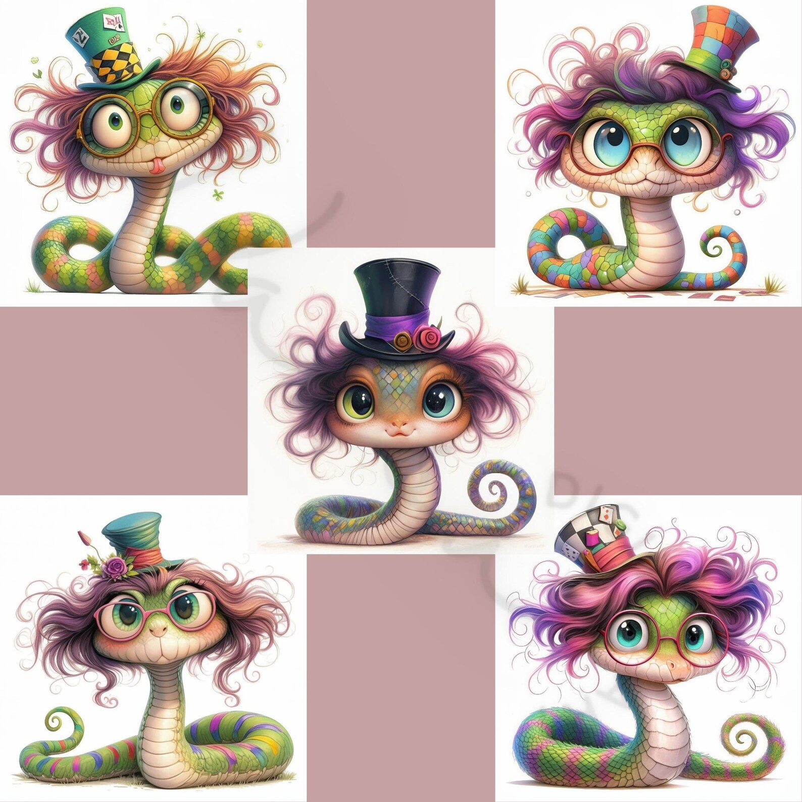 Funny Snake Clipart Set, Whimsical Snake Illustrations With Hats ...
