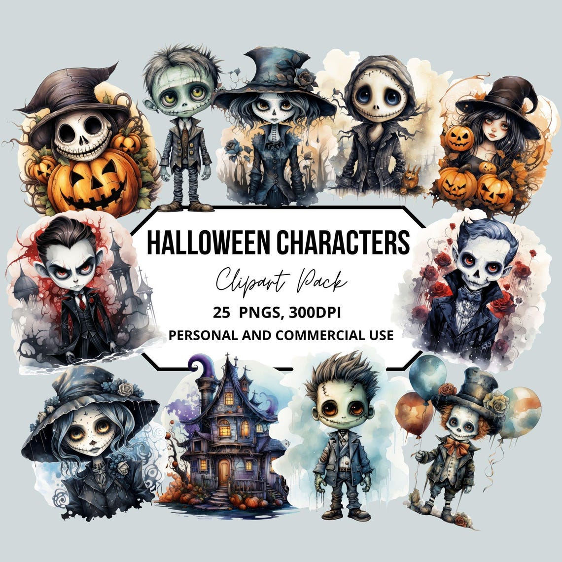 Halloween Characters Clipart Pack, Spooky Cute Designs, PNG, Digital ...