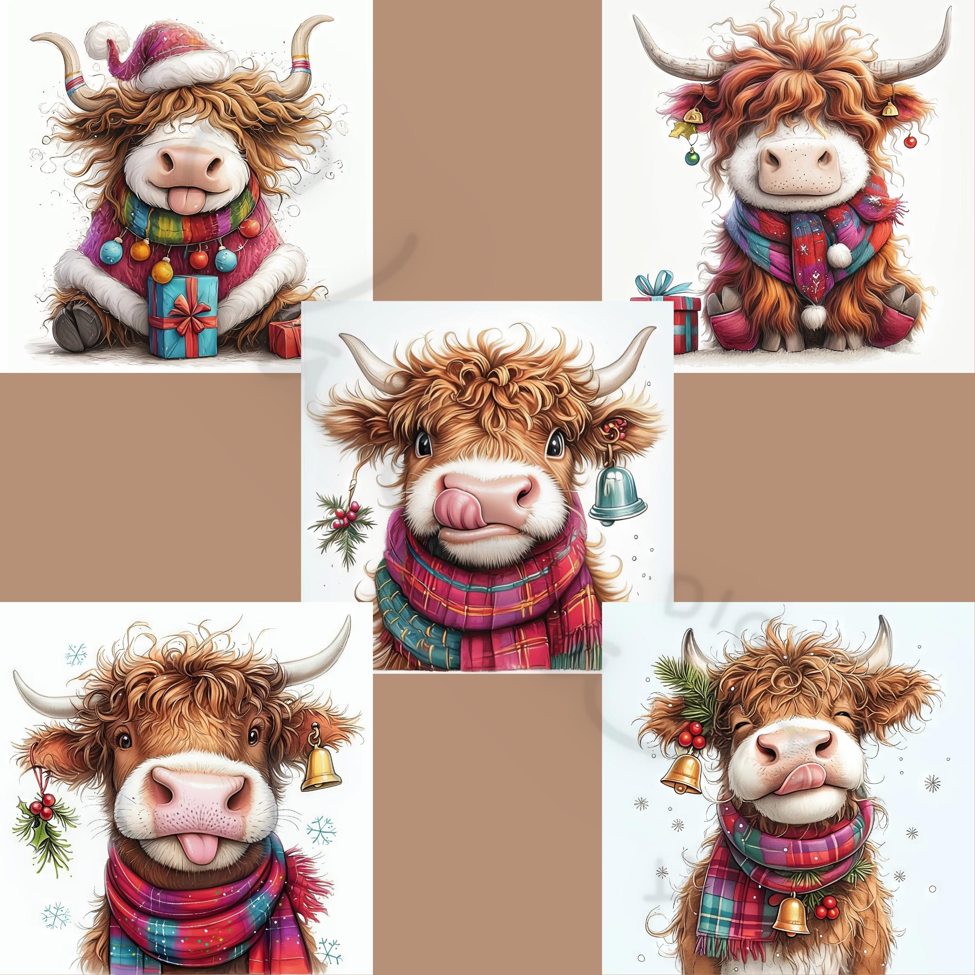 Funny Christmas Highland Cow Clipart, Quirky Farm Animal, Cute Holiday ...