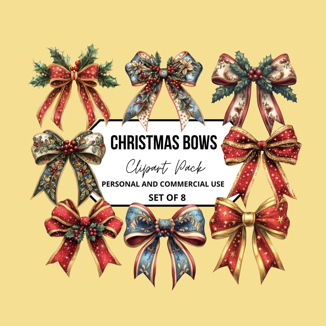 Christmas Bow Clipart, Watercolor Red and Gold Bows, Festive Bows PNG ...
