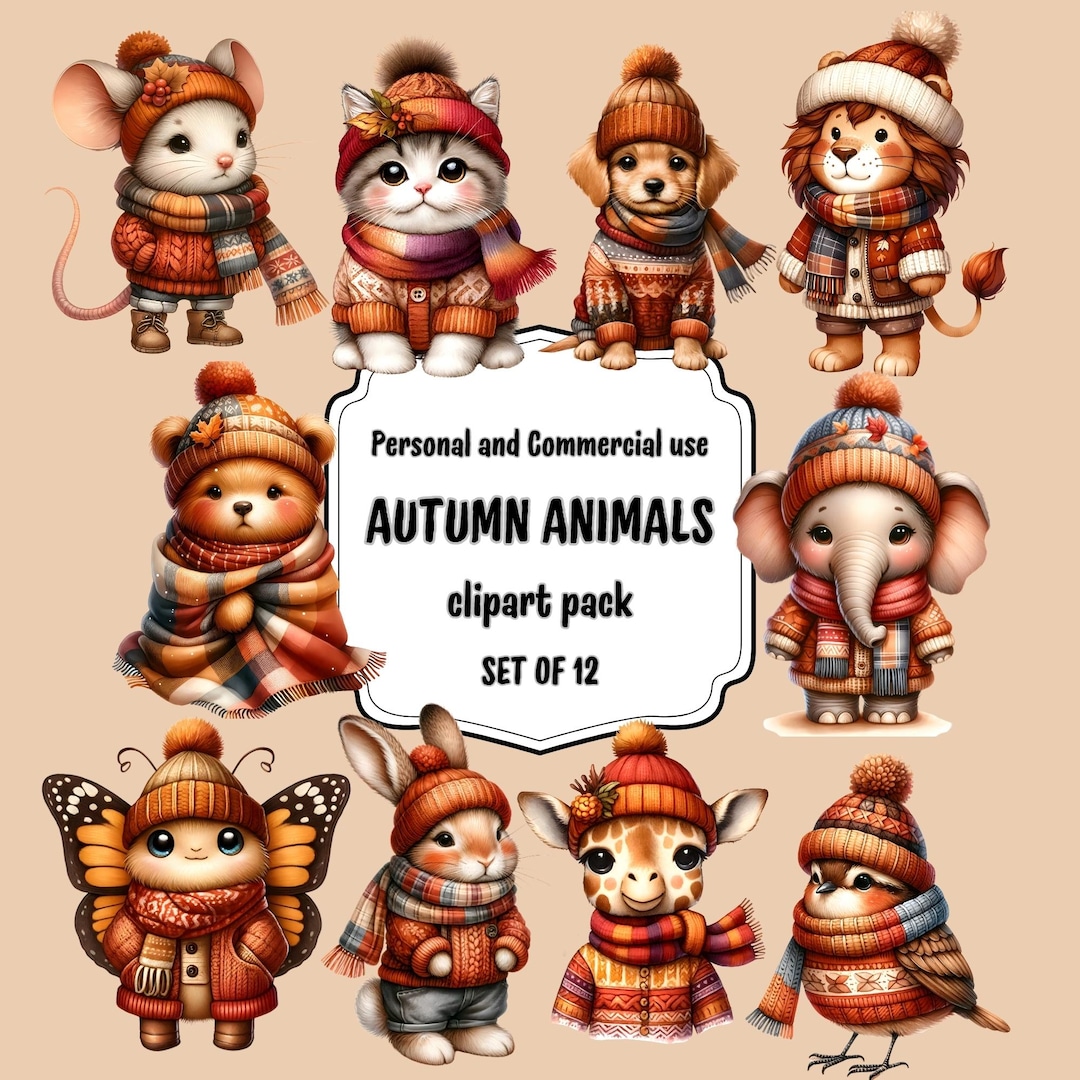 Animals in Autumn Sweaters Clipart, Autumn Animals Clipart, Cozy ...