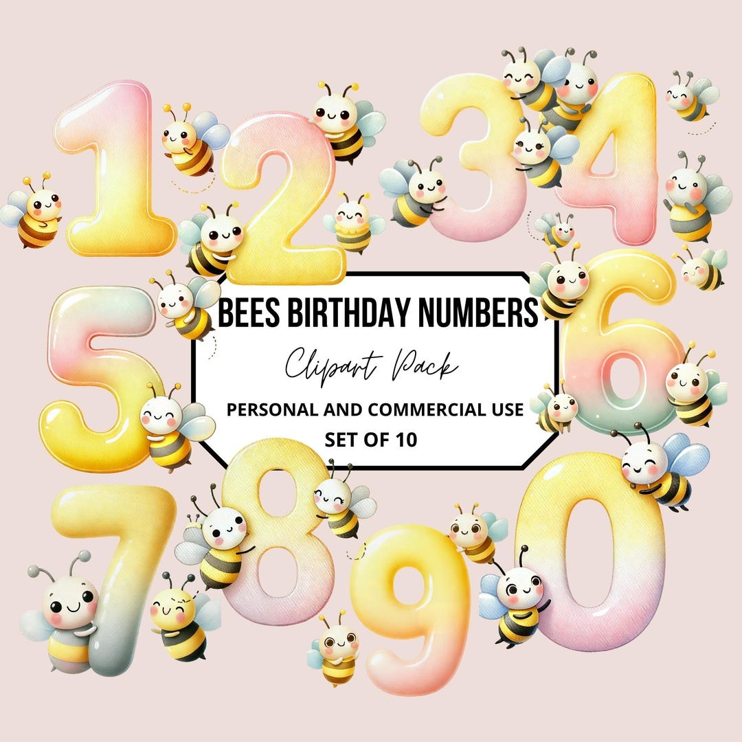 Bees Birthday Numbers Clipart Set, Cute Bee-themed Number Illustrations ...
