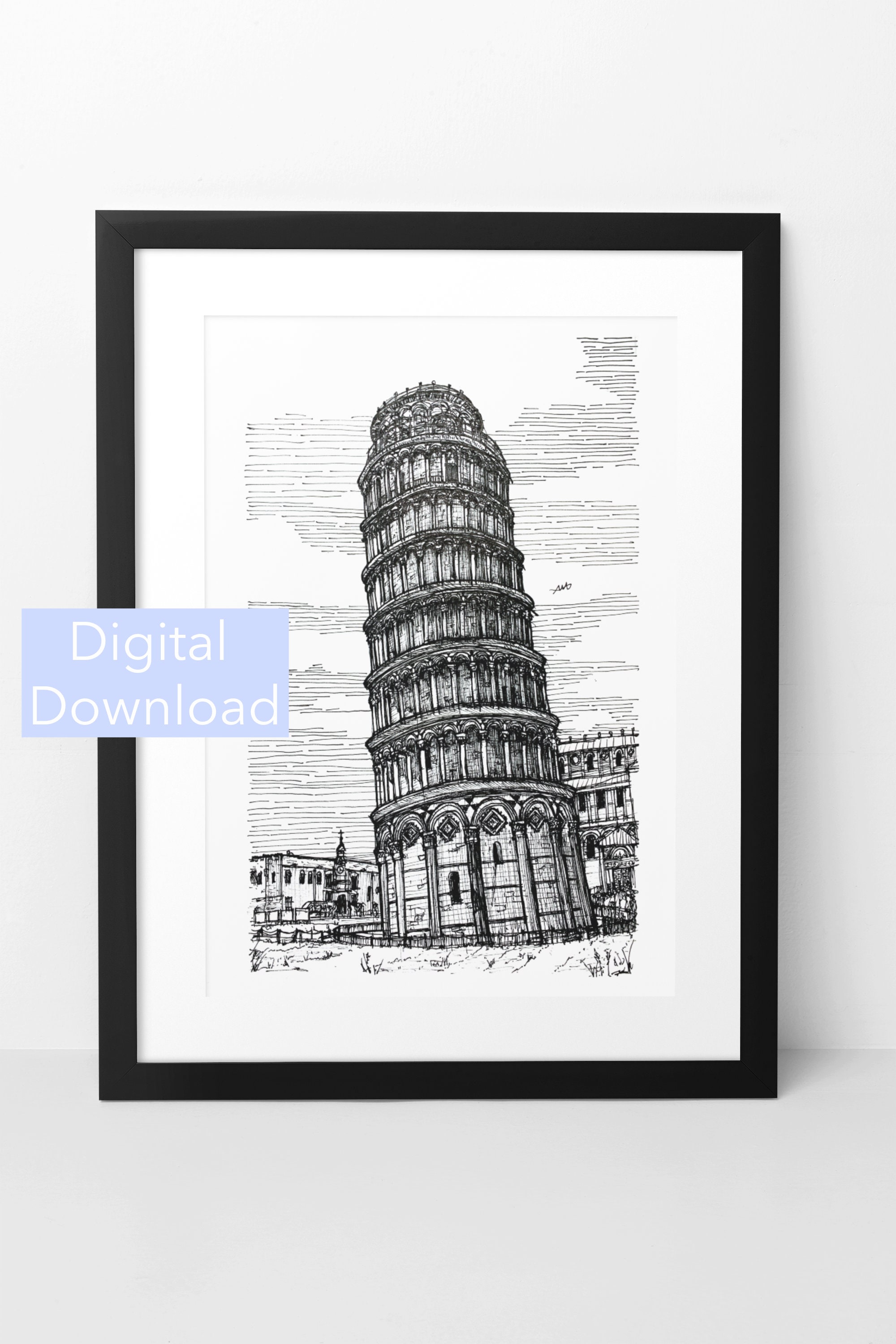 Leaning Tower of Pisa Print, Architecture Drawing, Hand Drawn Art ...
