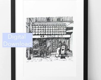 Japanese Storefront Print, Architecture Drawing, Hand Drawn Art, Japan ...