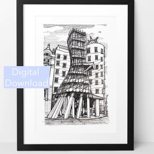 The Dancing House Print, Architecture Drawing, Hand Drawn Art, Prague ...