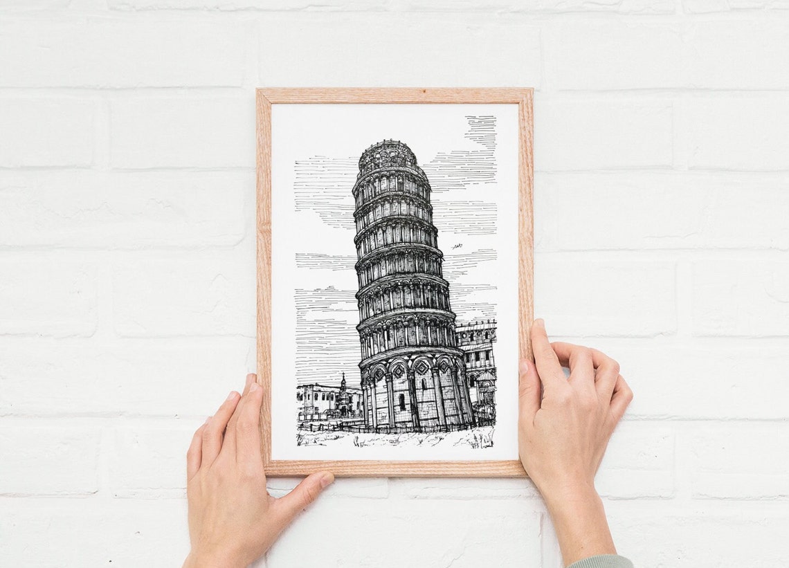 Leaning Tower of Pisa Print, Architecture Drawing, Hand Drawn Art ...