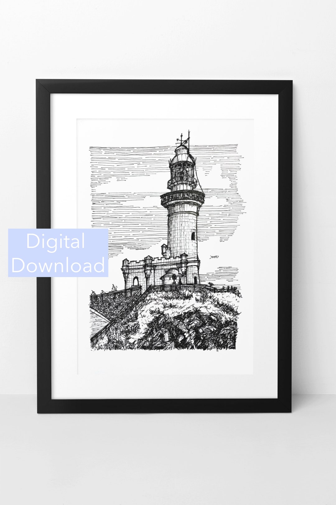 Byron Bay Lighthouse Print, Architecture Drawing, Hand Drawn Art ...