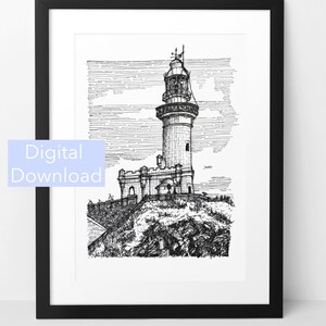 Byron Bay Lighthouse Print, Architecture Drawing, Hand Drawn Art ...