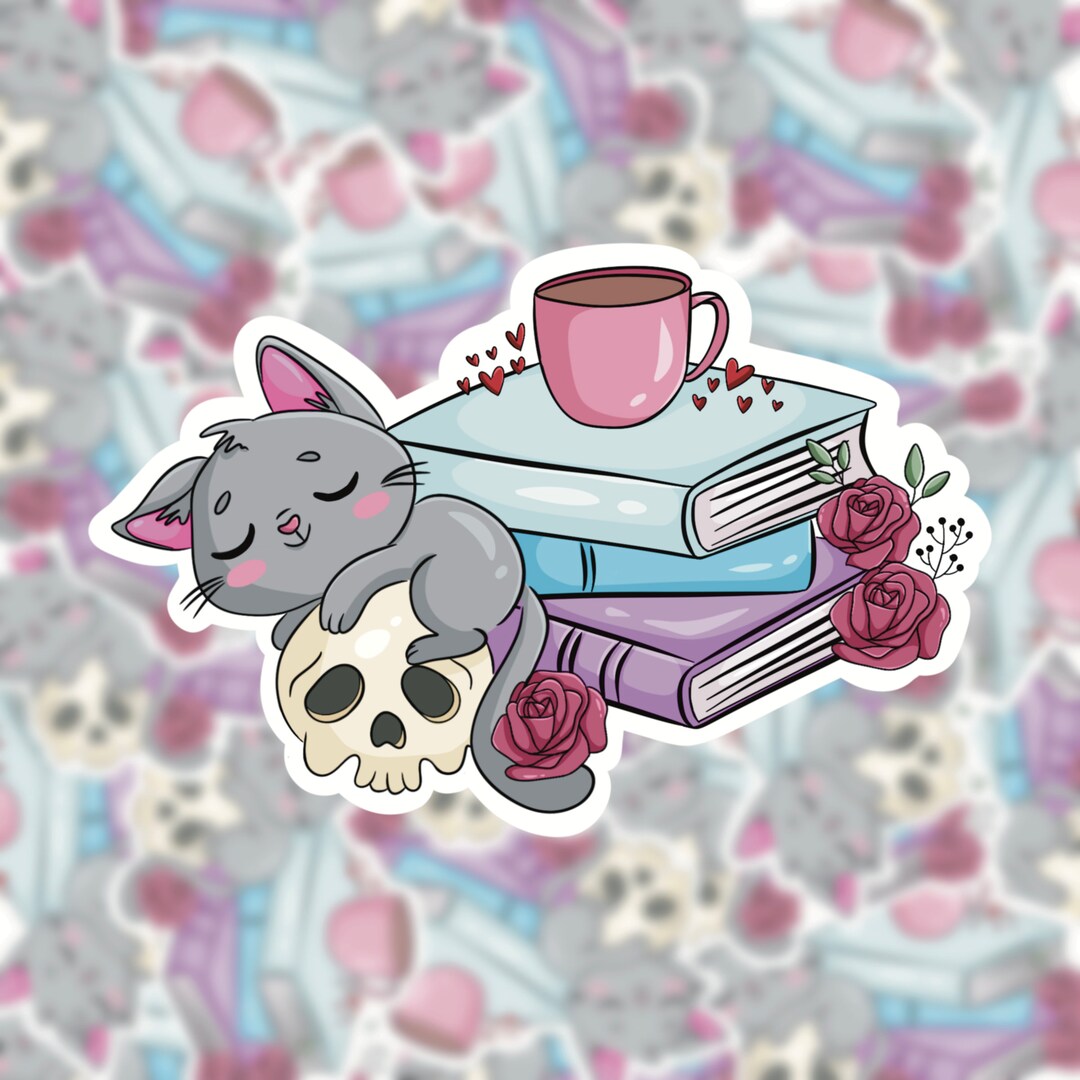 Floral Skeleton Cat Bookstack Fantasy Romance Vinyl Sticker for Book ...