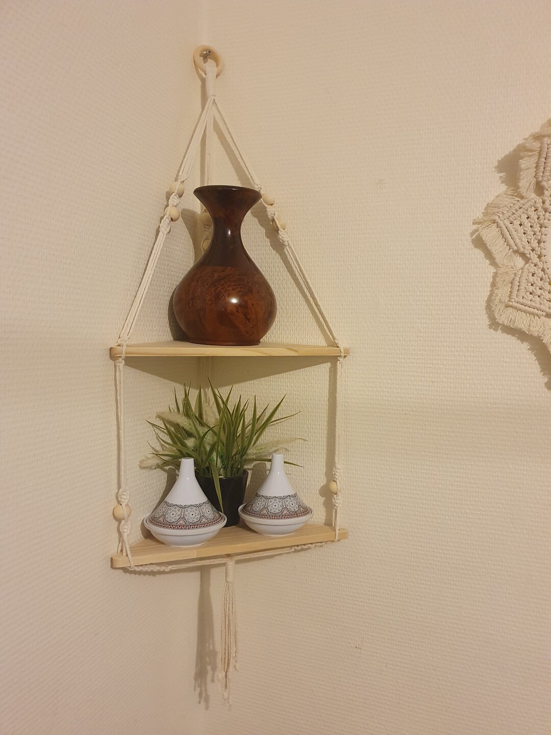 Macrame Corner Shelves, Wooden Shelf, Floating Shelf, Wall Shelf for ...