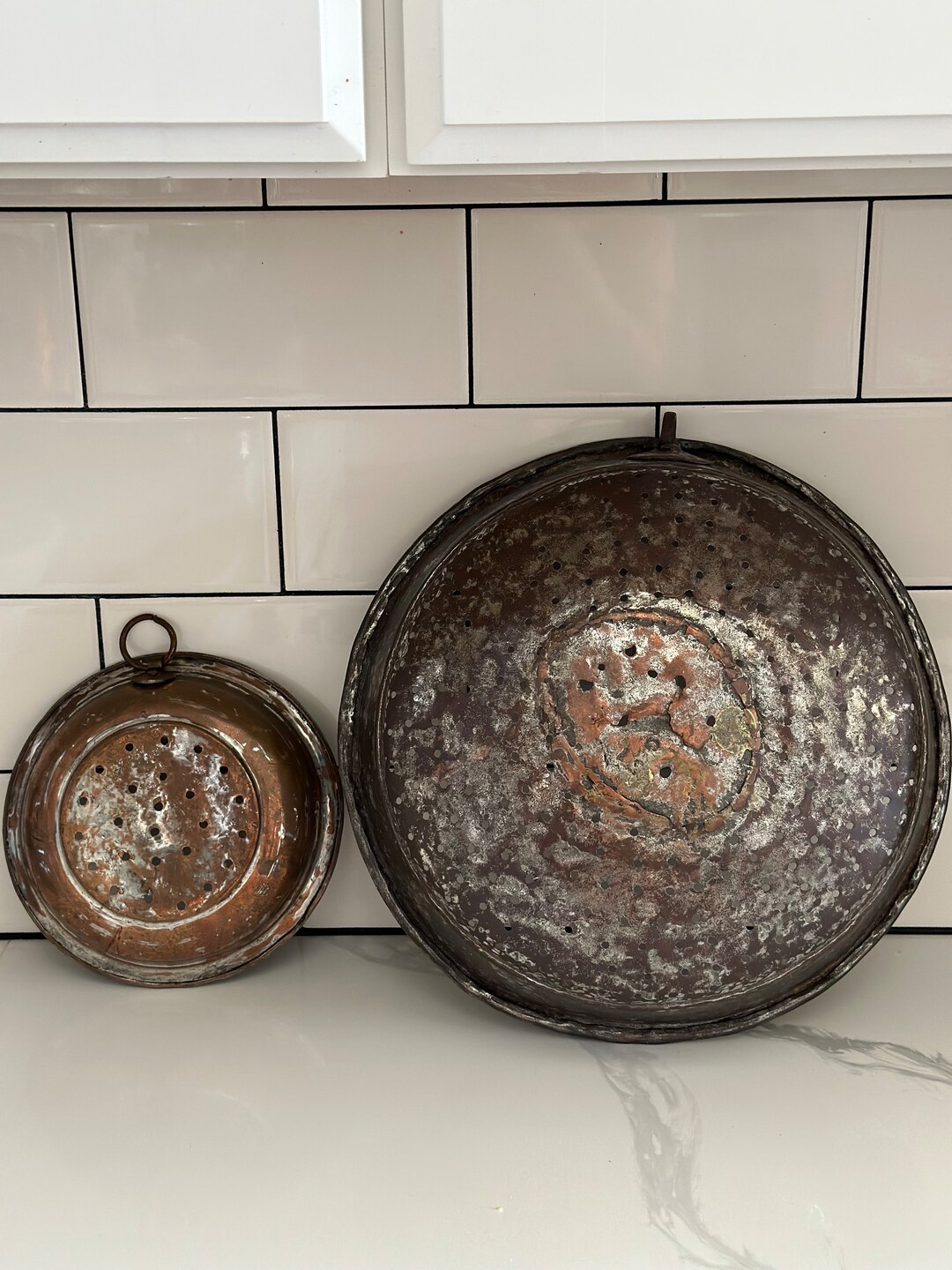 Antique Primitive Copper Tinned Round Colander Strainer Rustic ...