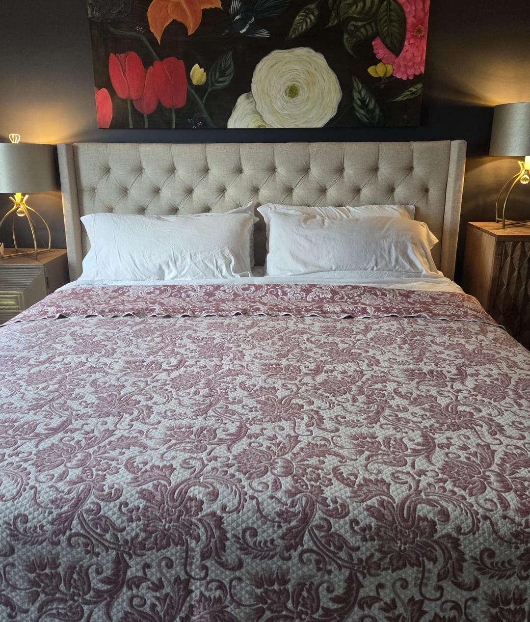 Vintage Pink French Damask Matelassé Coverlet, Scalloped Edges, King ...