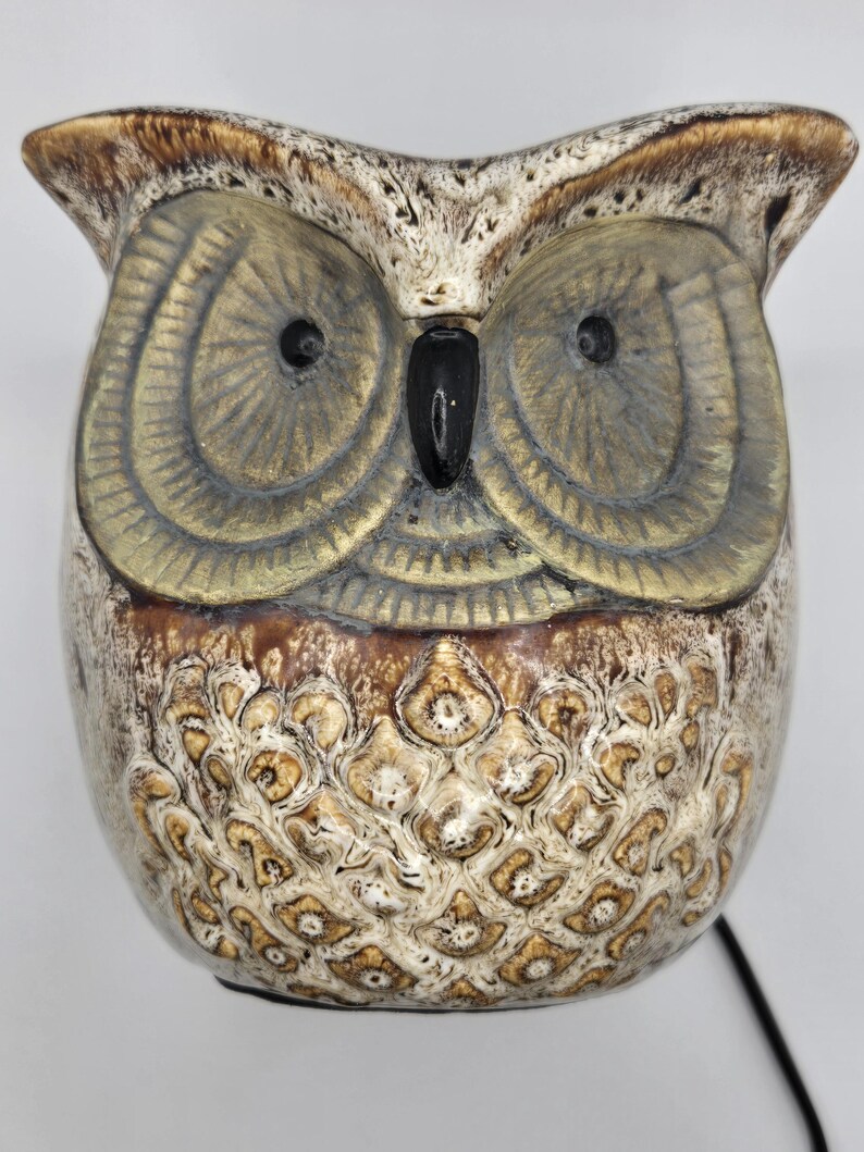 Vintage MCM Owl Lamp, Glazed Ceramic in Brown & Cream, Mid-century ...