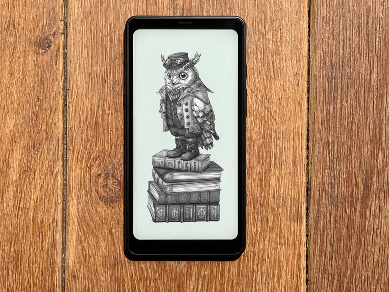Screensaver for Boox Palma Wallpaper, Steampunk Owl on a Stack of Books ...