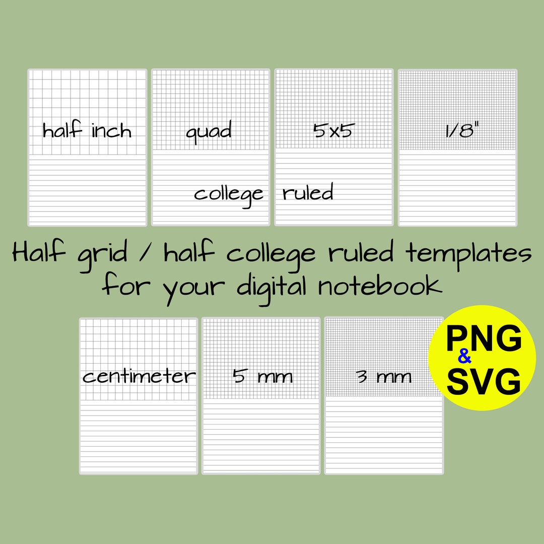 Half Graph Half College Ruled Template Bundle for Digital Notebook, 7 ...