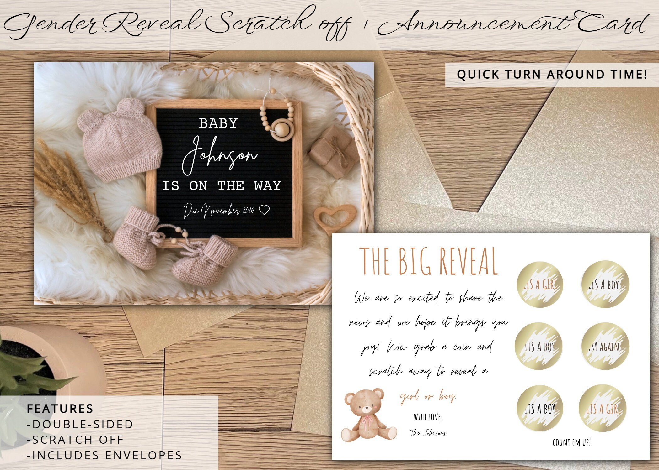 Personalized Pregnancy Announcement and Scratch off Gender Reveal Card ...
