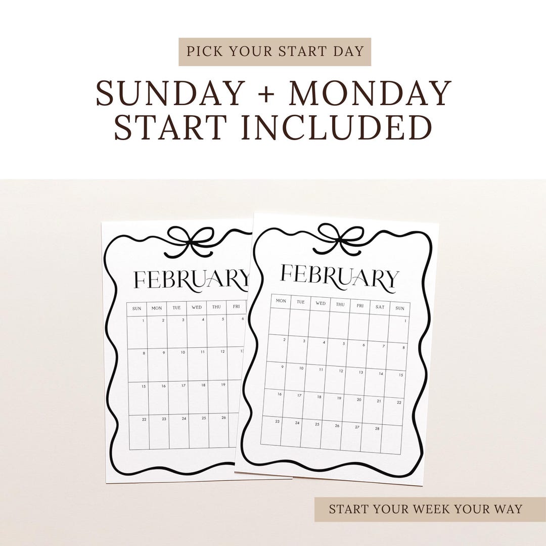 Simple Black and White February Calendar - Coquette Bow Planner ...