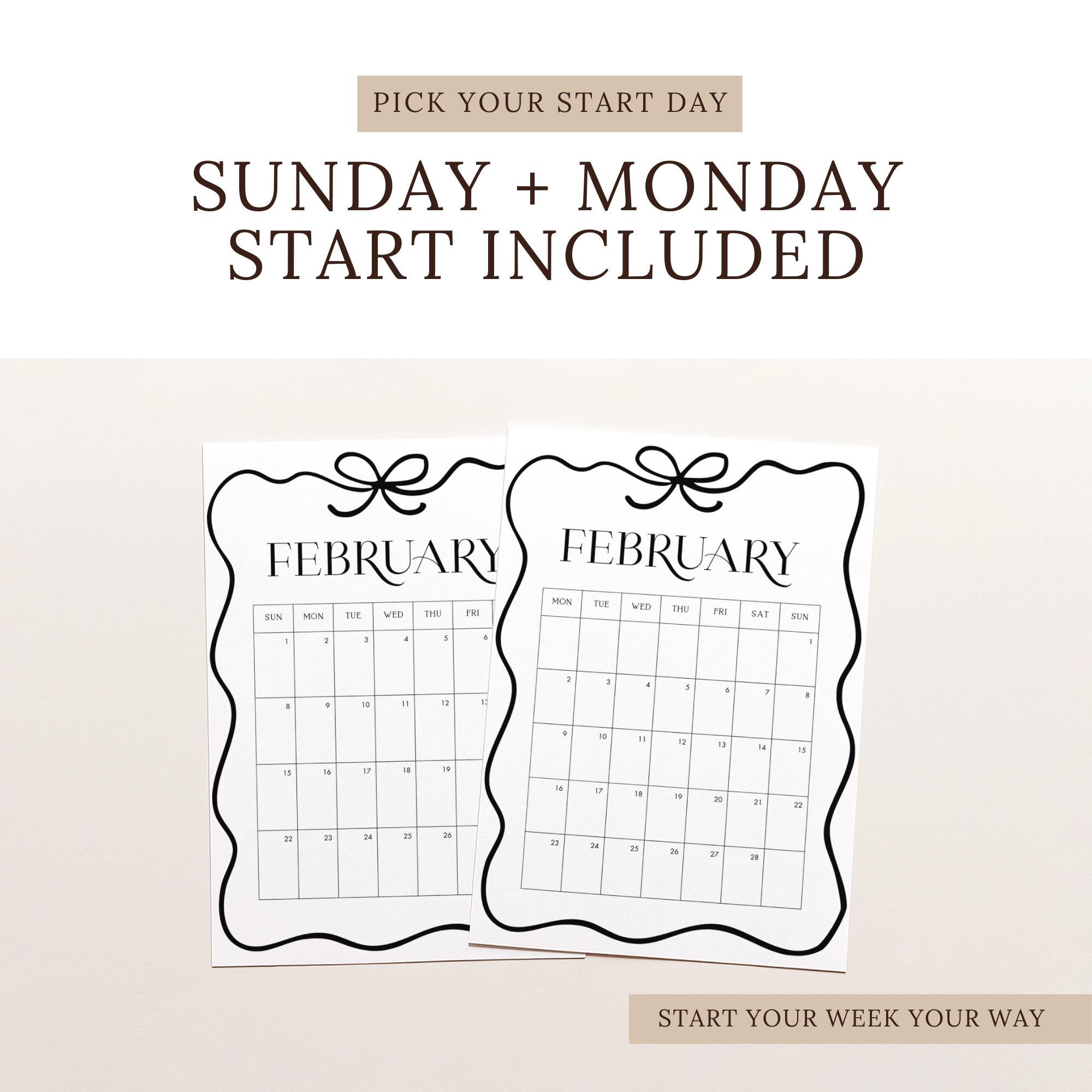 Simple Black and White February Calendar - Coquette Bow Planner ...
