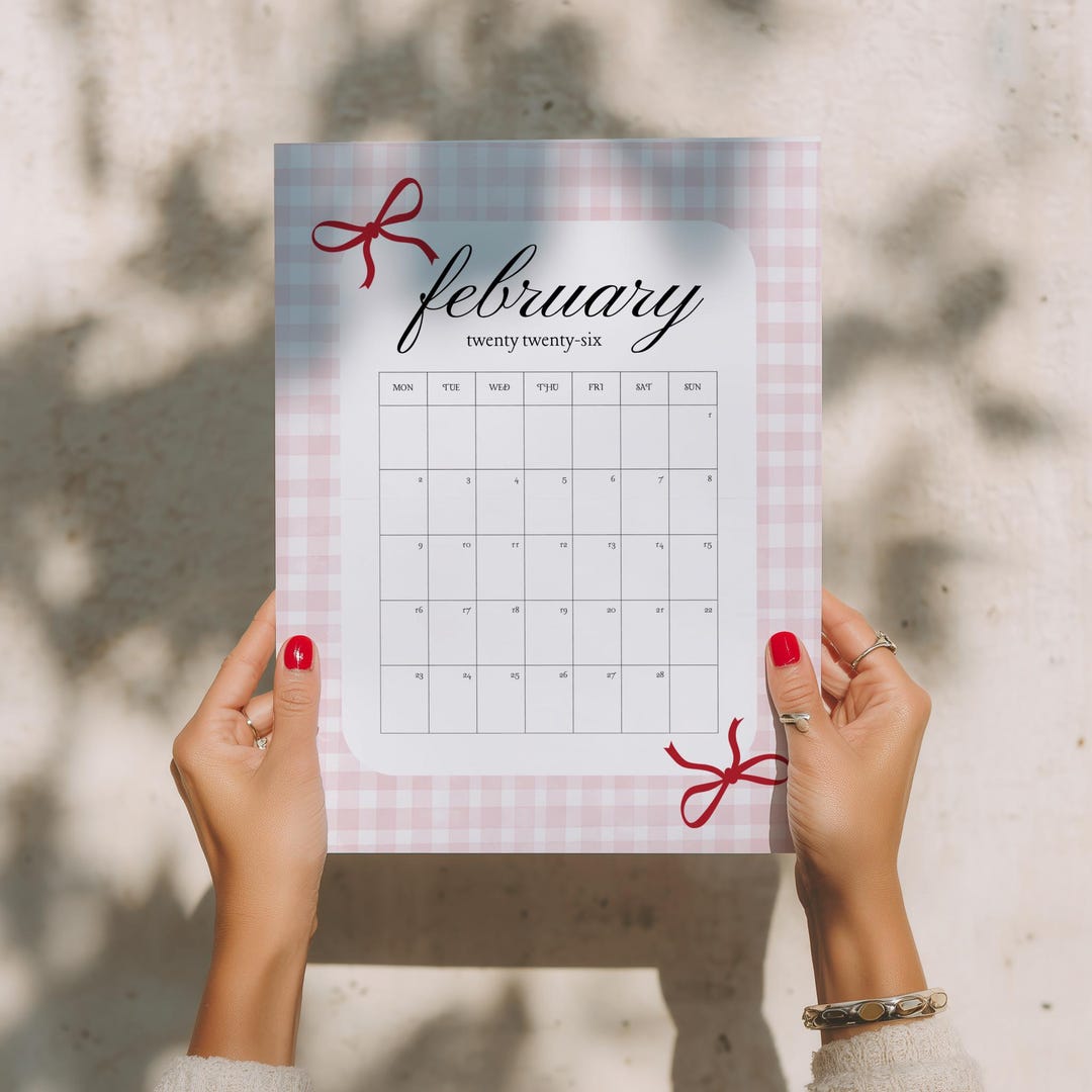 Cute Gingham February Calendar Printable - Coquette Bow Monthly Planner ...