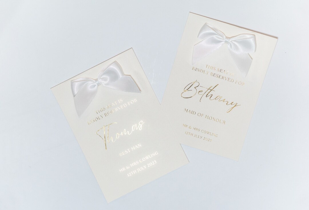 White Bow Seat Reservation Tags | Wedding Reservation Tags | Foiled ...