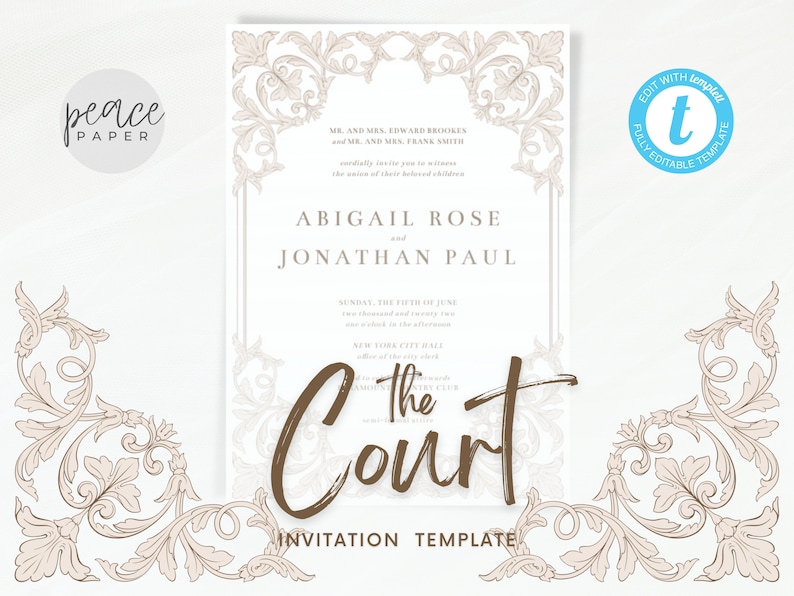 City Hall Court Wedding Invitation, Printable Invite, Editable Template ...