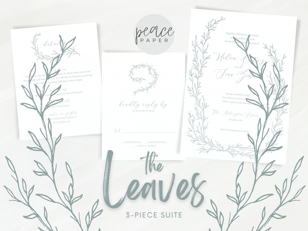 Leaves Border Wedding Invitation Template Suite Rsvp - Etsy