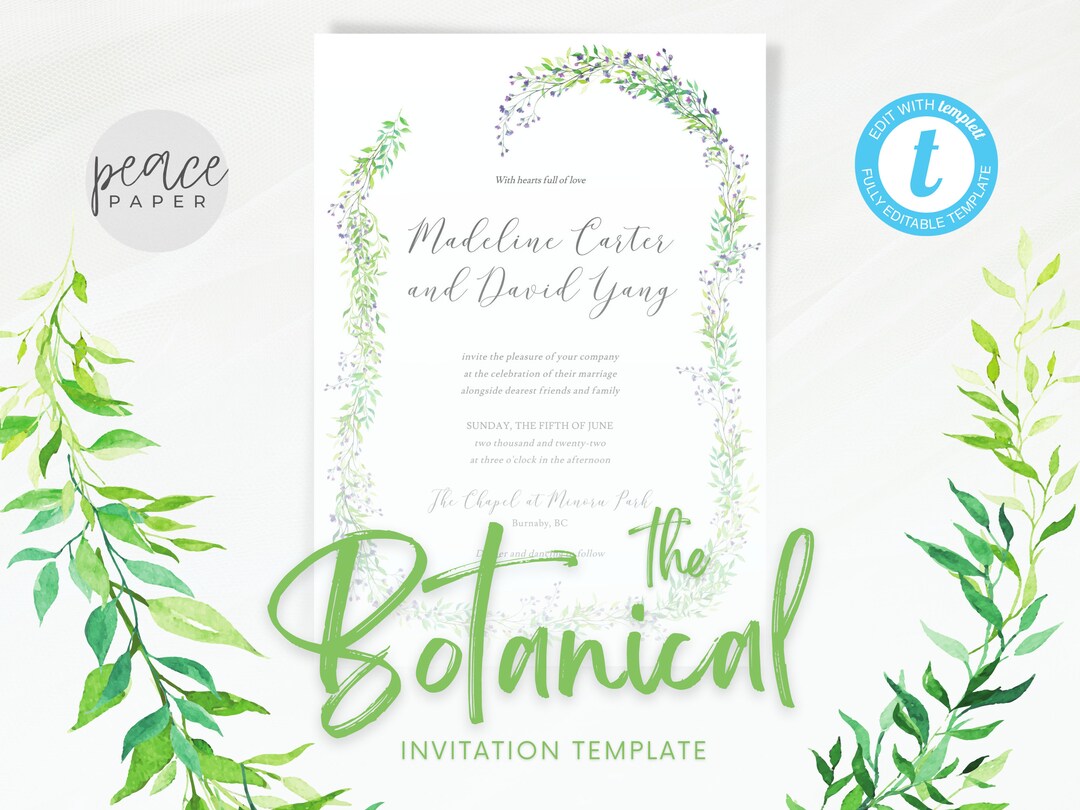 Greenery Leaves Border Wedding Invitation Template, Editable Template ...