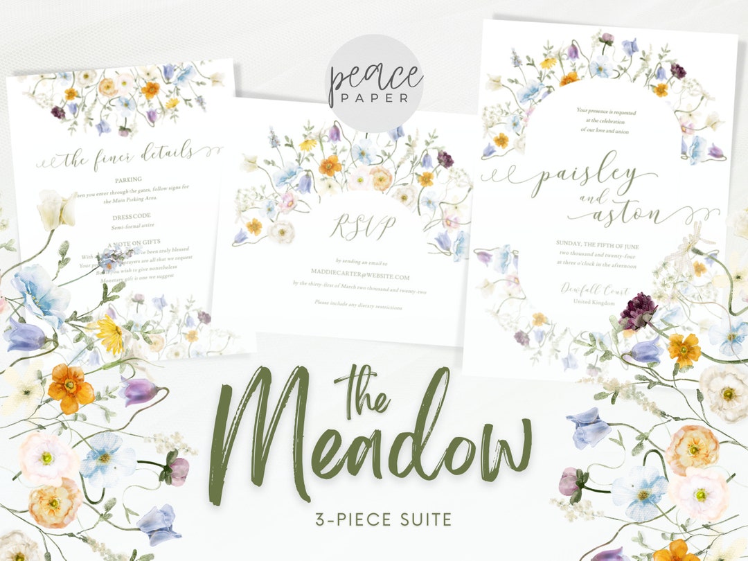 Meadow Floral Border Wedding Invitation Suite, Rsvp, Printable Invite ...