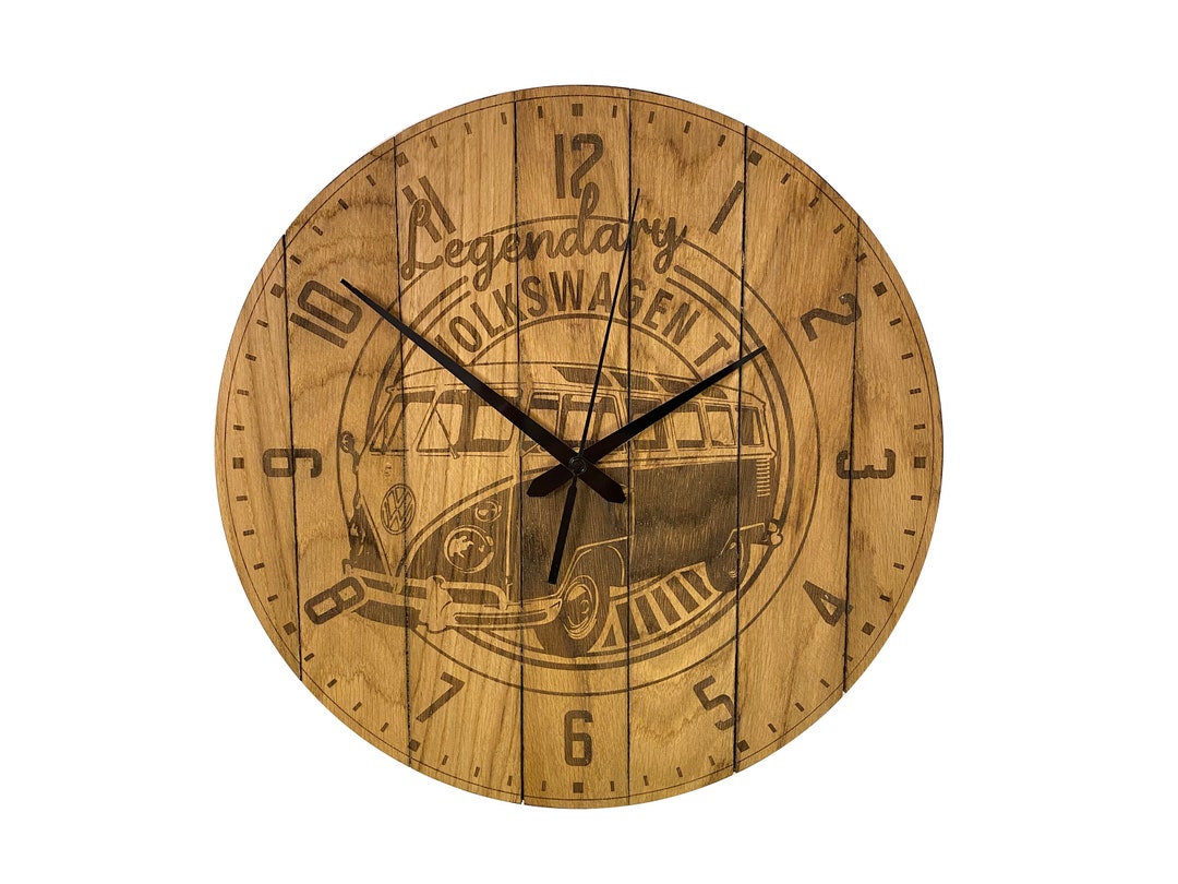 Wooden Wall Clock, Oak Clock, VW T1 Clock, Old Wall Clock, Round Wall ...