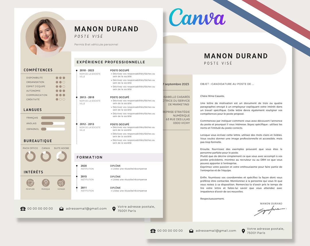 Canva French France CV and Cover Letter Template, Original, Modern, Readable, Organized ...