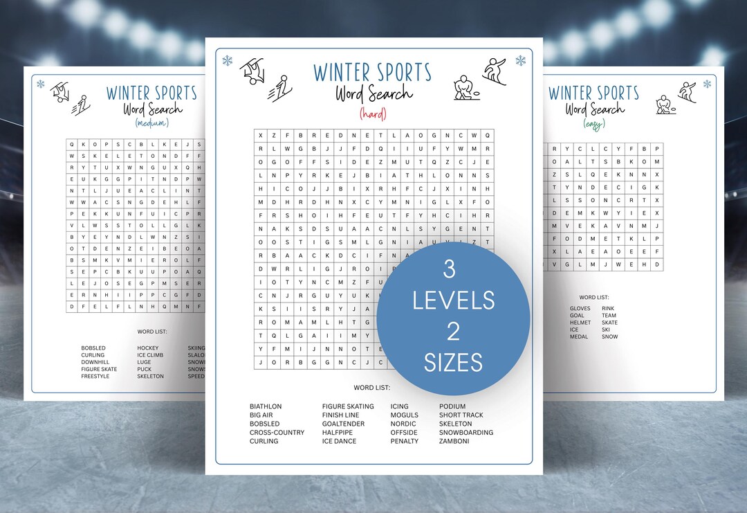 Winter Sports Word Search Bundle, Easy Medium Hard, Winter Word Search ...