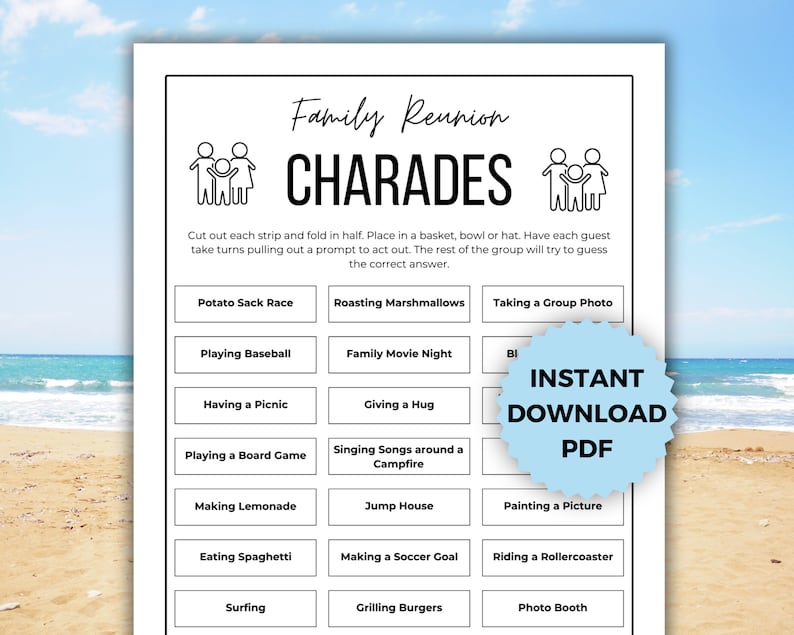 Family Reunion Charades Game, Printable Icebreaker Game, Charades Words ...
