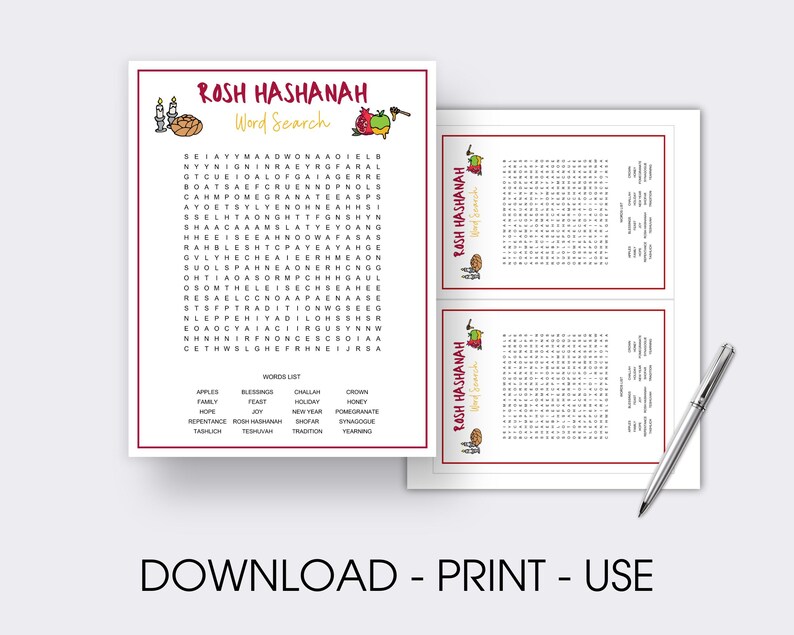 Rosh Hashanah Word Search Game, Jewish New Year Game, Hebrew Holiday ...