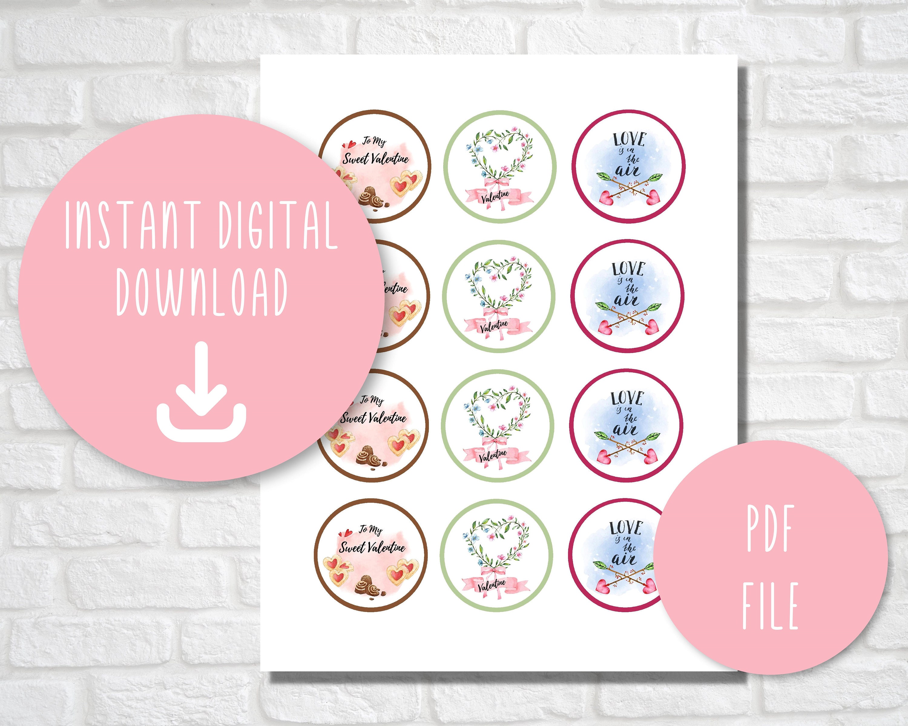 Printable Valentine's Day Cupcake Toppers, Gift Tags, Instant Download ...