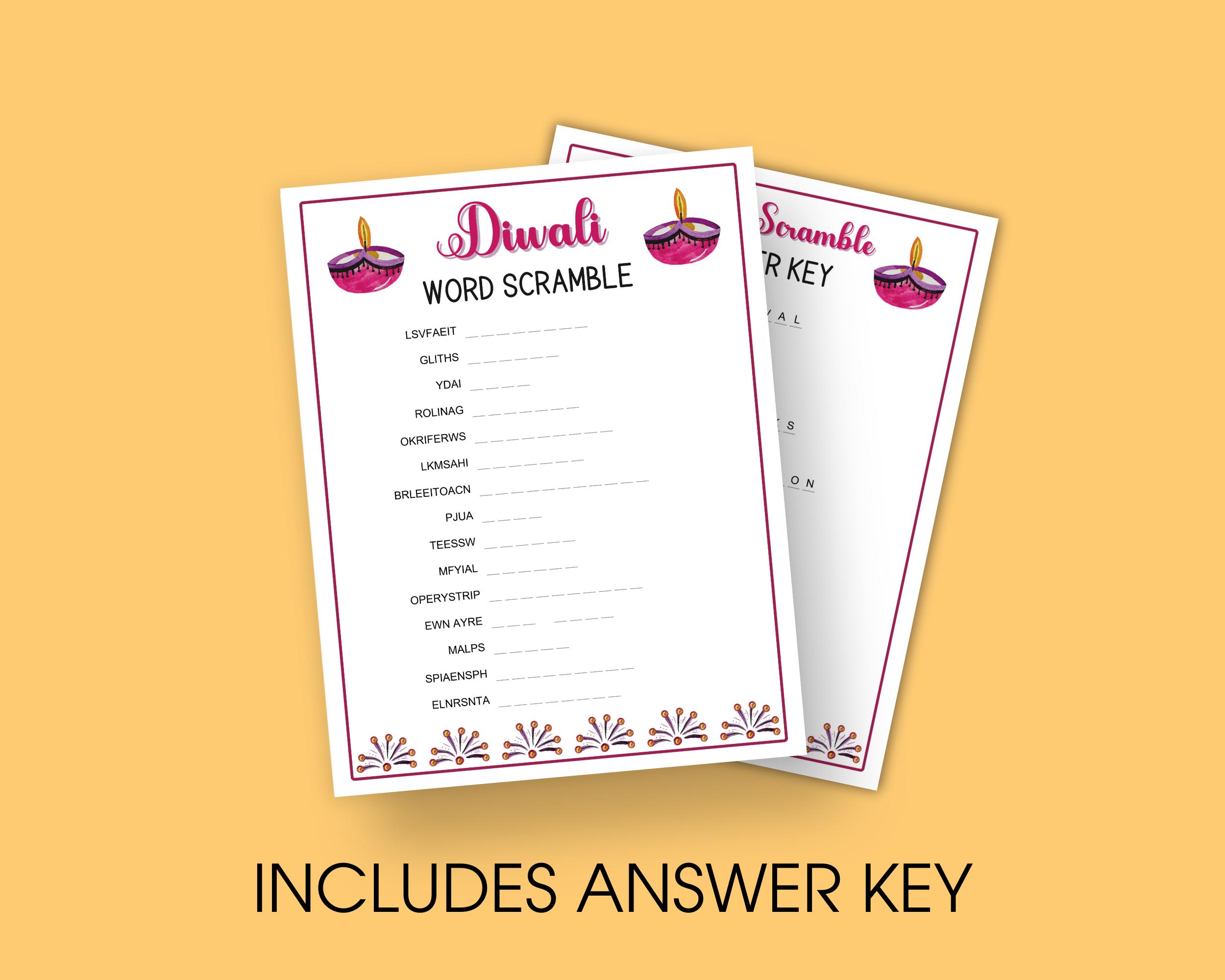 Diwali Word Scramble Game, Diwali Party, Festival of Lights, Printable ...