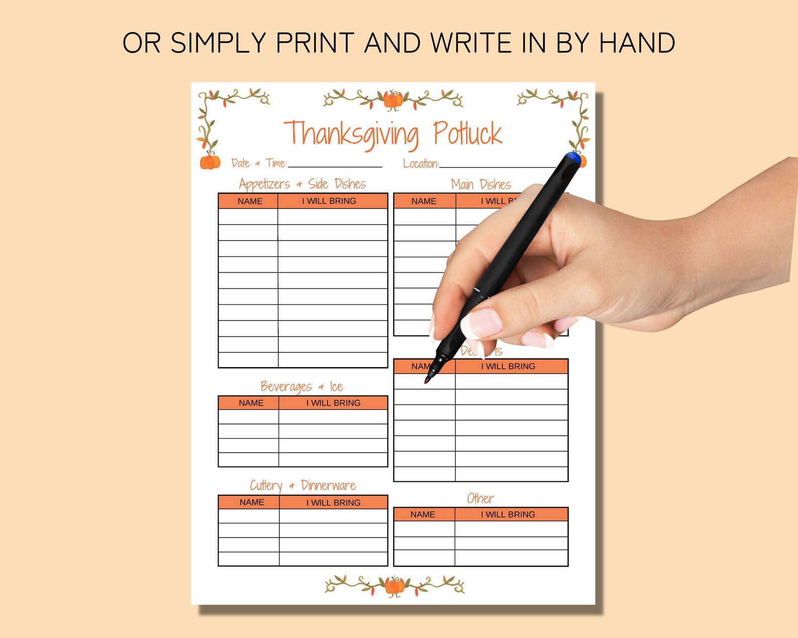 Thanksgiving Potluck Sign up Sheet Printable, Food Sign up Sheet ...