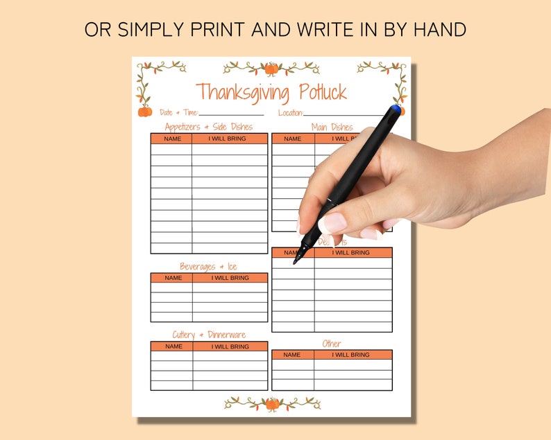 Thanksgiving Potluck Sign up Sheet Printable, Food Sign up Sheet ...